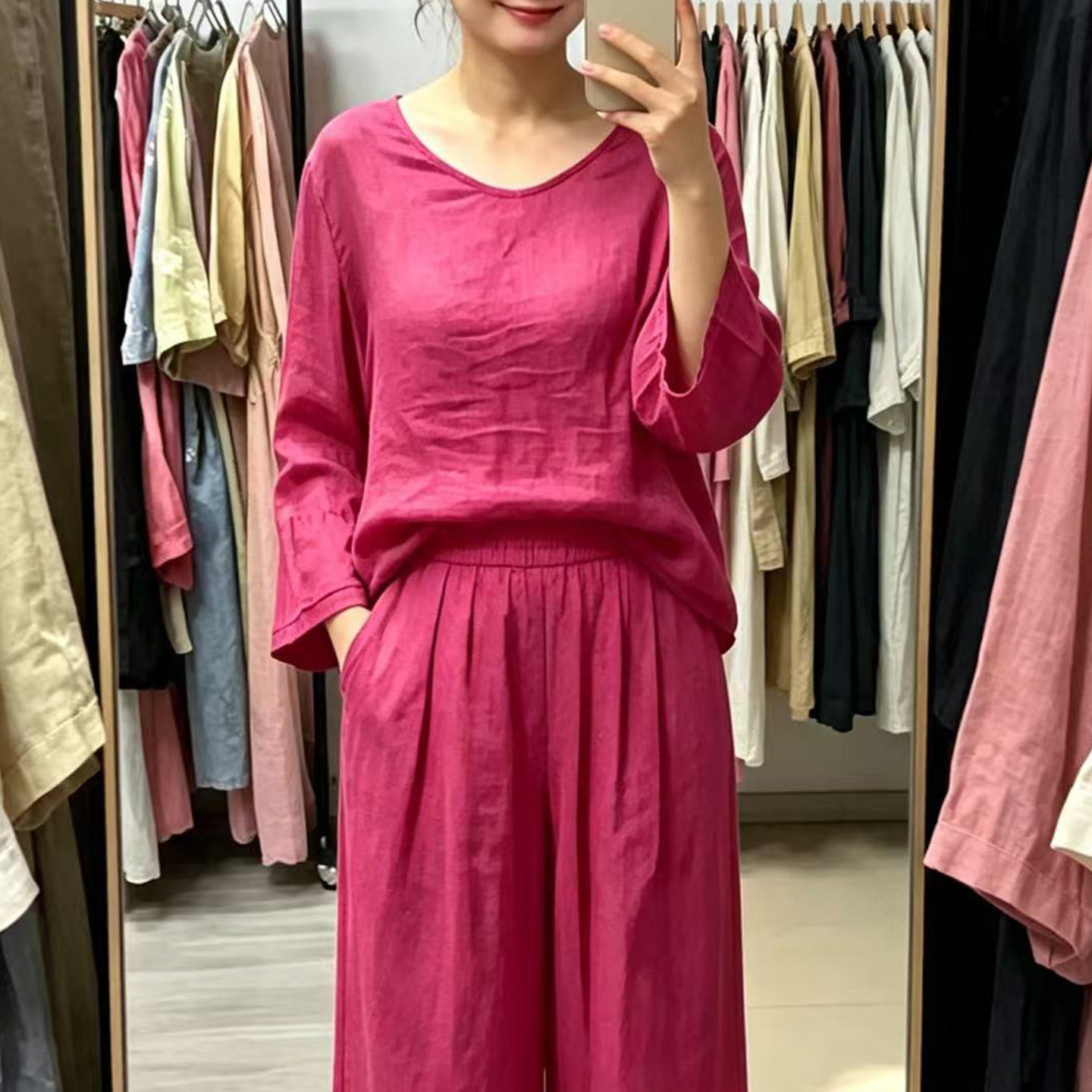 复古苎麻内里包边V领套头衬衫女文艺大码显瘦轻薄舒适上衣