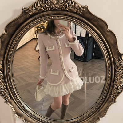 莫奈花海粉色撞色假两件连衣裙