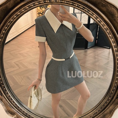 LUOLUOZ【雾灰清宁】气质撞色领口收腰显瘦灰色短款连衣裙JF1413