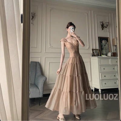 LUOLUOZ【花影绮梦】法式复古鱼骨束腰连衣裙温柔风超仙网纱长裙