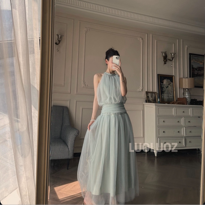 LUOLUOZ【雾感仙裙】高级感仙女气质挂脖网纱收腰长款连衣裙JF121