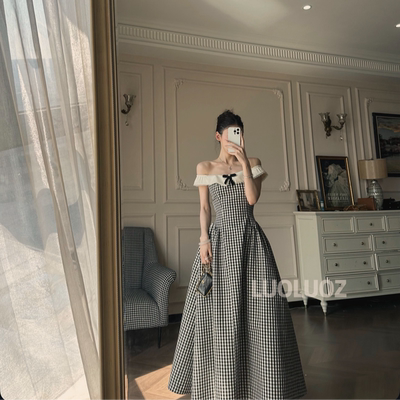 LUOLUOZ【黑白格裙】全棉法式气质温柔风一字肩仙女长款连衣裙CC3