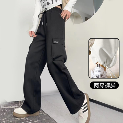 美式复古阔腿工装裤女2024新款加绒加厚高腰宽松小个子直筒休闲裤