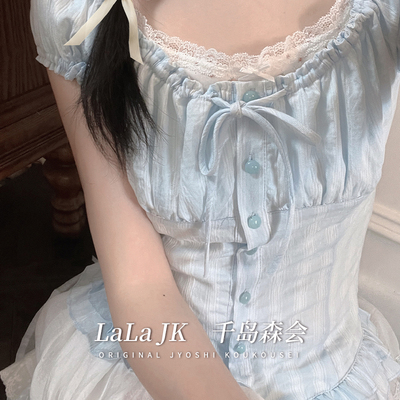 啦啦酱 千岛森会 原创设计古着doll感奈奈风一字肩上衣半裙套装女