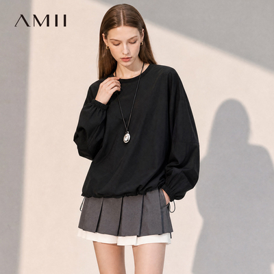 Amii【棉感衬衫】26秋韩系休闲简约慵懒风下摆抽绳长袖衬衫女春秋