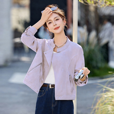 美拉德复古仿麂皮绒外套女短款2026春秋季新款立领正肩上衣YB2619