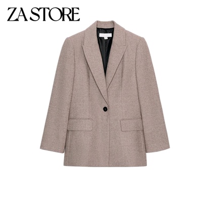 冬季新品女装翻领长袖一粒扣饰带肩垫人字纹西装外套 3046388