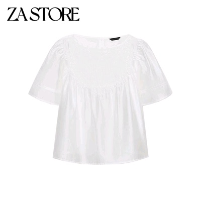 ZA 夏季新品女装极简风宽松型圆领短袖刺绣装饰衬衫上衣 8372141