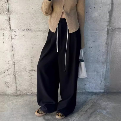 2024新款级感垂感休闲阔腿裤~腰简约直筒绑带西装裤女裤0486