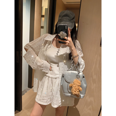 薄款满钻露手肘衬衫+裤子套装