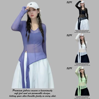 SCK冰丝网纱透明防晒衣打底衫女不规则长袖T恤罩衫上衣6029款