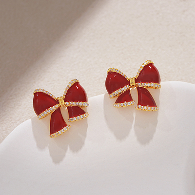 红色独特设计感蝴蝶结耳饰气质