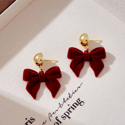 小众复古安可拉红蝴蝶结耳环