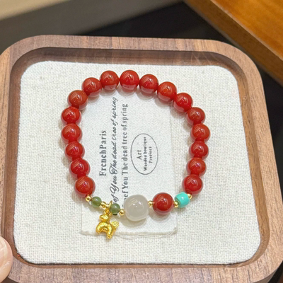天然红玛瑙和田玉招财转运手串马年本命年生日礼物手链金红绳