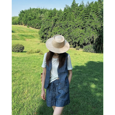 复古V领单排扣亚麻牛仔马甲套装