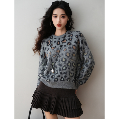 韩系豹纹圆领针织衫毛衣2025冬季
