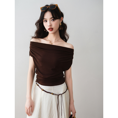 高级感一字领露肩收腰短袖T恤