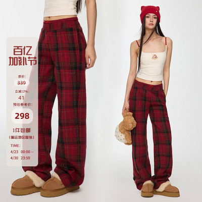 Mess Studio 复古辣妹氛围感休闲直筒宽松红色格子休闲裤女春秋