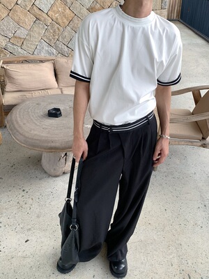 ins百搭拼接圆领纯色螺纹半袖T恤