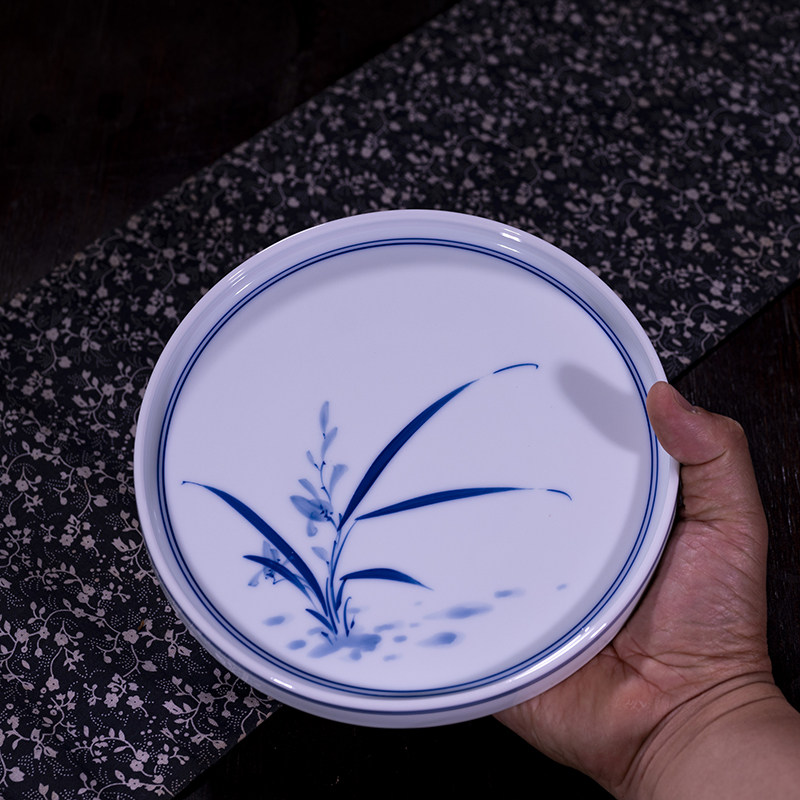 手绘茶盘壶承陶瓷实用简约点心盘小圆型托盘单层青花瓷中式釉下彩