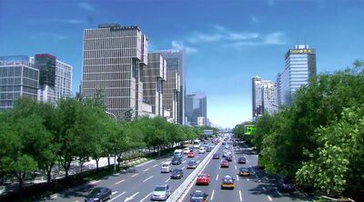 现代旅游城市上空航拍车流人流川流不息高楼大厦天空实拍视频素材