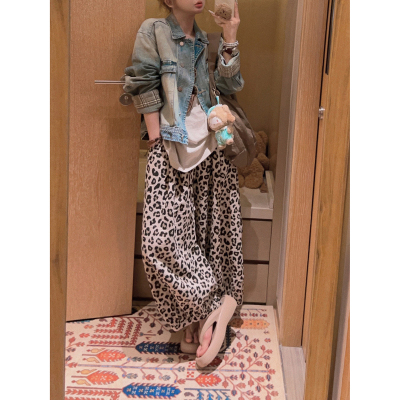 Yukiss 豹纹垂感阔腿九分灯笼裤女春韩系宽松遮肉显瘦透气休闲裤