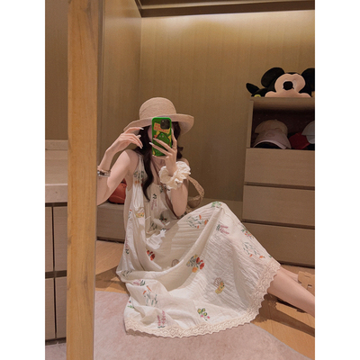 不挑身材！刺绣吊带长裙连衣裙