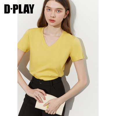 DPLAY2026夏季新款黄色T恤女100棉时尚洋气宽松V领短袖上衣