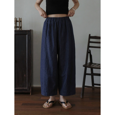 MMCC 自然感特殊纱织 汉麻棉牛仔 松紧腰宽松不挑体型 微弧花苞裤