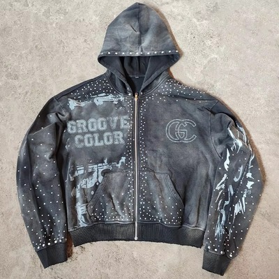 glitter-studded zipper hooded sweatshirt drawstring pants