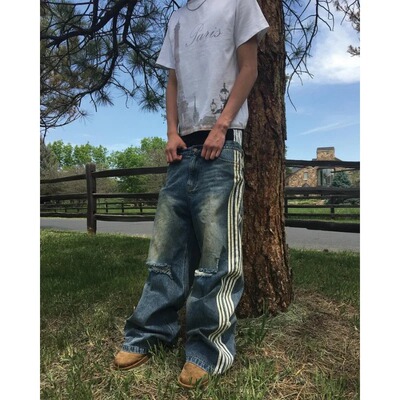 Side Stripe Ripped Oversized Jeans Wide Leg Pants