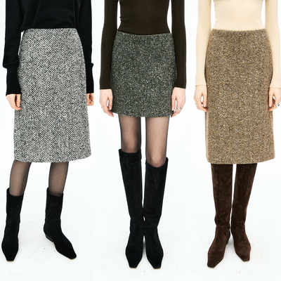 MRS Studios意大利moessmer金银豆人字纹羊毛中长/短款西装半裙