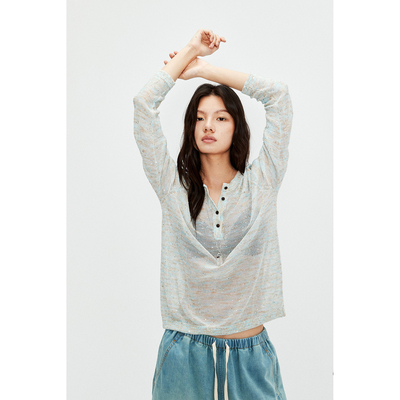 康宝莱亚麻棉珠片亨利领罩衫