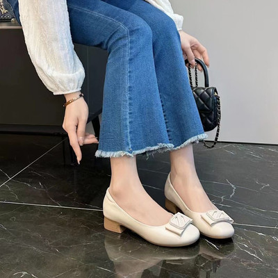 冰洁女鞋2024春季新款单鞋真皮低跟粗跟浅口圆头皮鞋软底休闲鞋潮