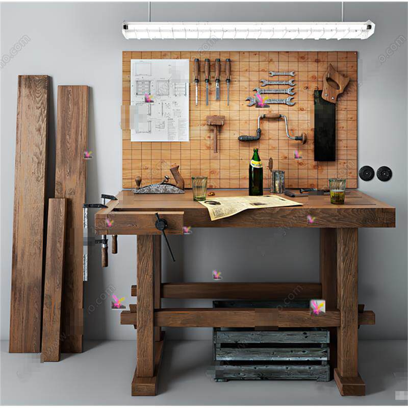 4545现代木匠工作台 工具 木工工具墙 工具墙 木头 锯 扳手SU模型