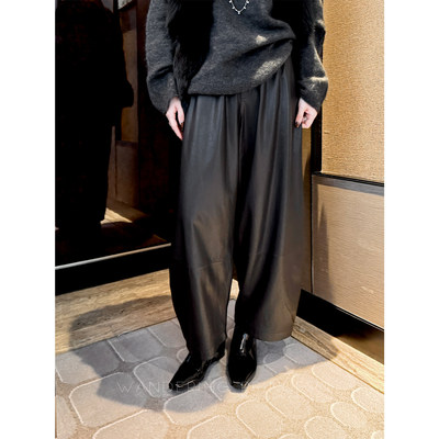 钱美西 100绵羊皮老钱风九分裤松紧腰显瘦弹力裤抗皱阔腿皮裤女