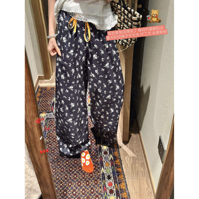 钱美西 日本进口 纯棉蕾丝碎花阔腿休闲裤女夏高腰遮胯显瘦裤子