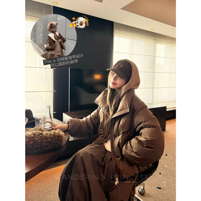 钱美西 进口三星白鸭绒三防背带羽绒服秋冬极简保暖立领短外套女