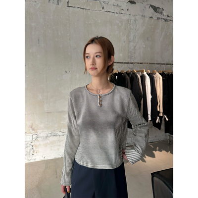 春季女士条纹门襟V领长袖T恤