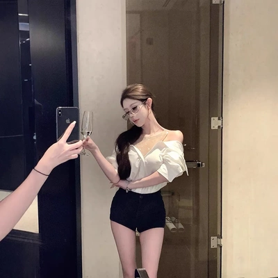 kubiliv高智姐感假两件拼接不规则网纱闪钻露肩捏褶衬衫上衣