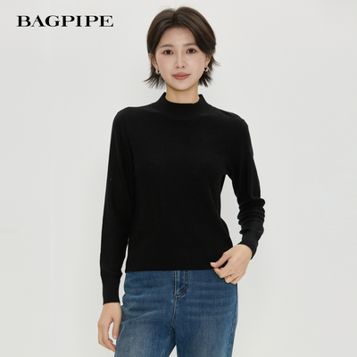 风笛2025冬季新款绵羊毛半高领套头衫纯色针织衫毛衣打底上衣女