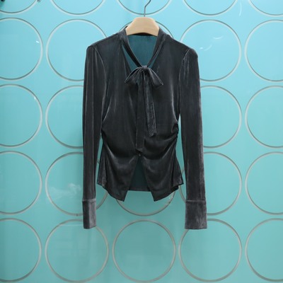 MRER莫乂义 专柜正品春季新款系带修身长袖丝绒上衣女R5C20911