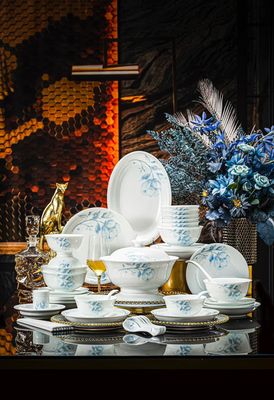 碗家用新款高颜值景德镇玉泥白瓷餐具中式蓝调碗碟盘套装乔迁送礼