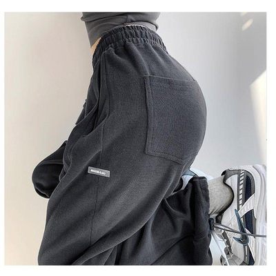 韩女团秋装新款字母贴标宽松抽绳束脚裤高腰运动休闲卫裤哈伦裤潮