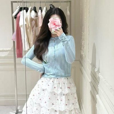 铃兰花刺绣小口袋镂空针织开衫