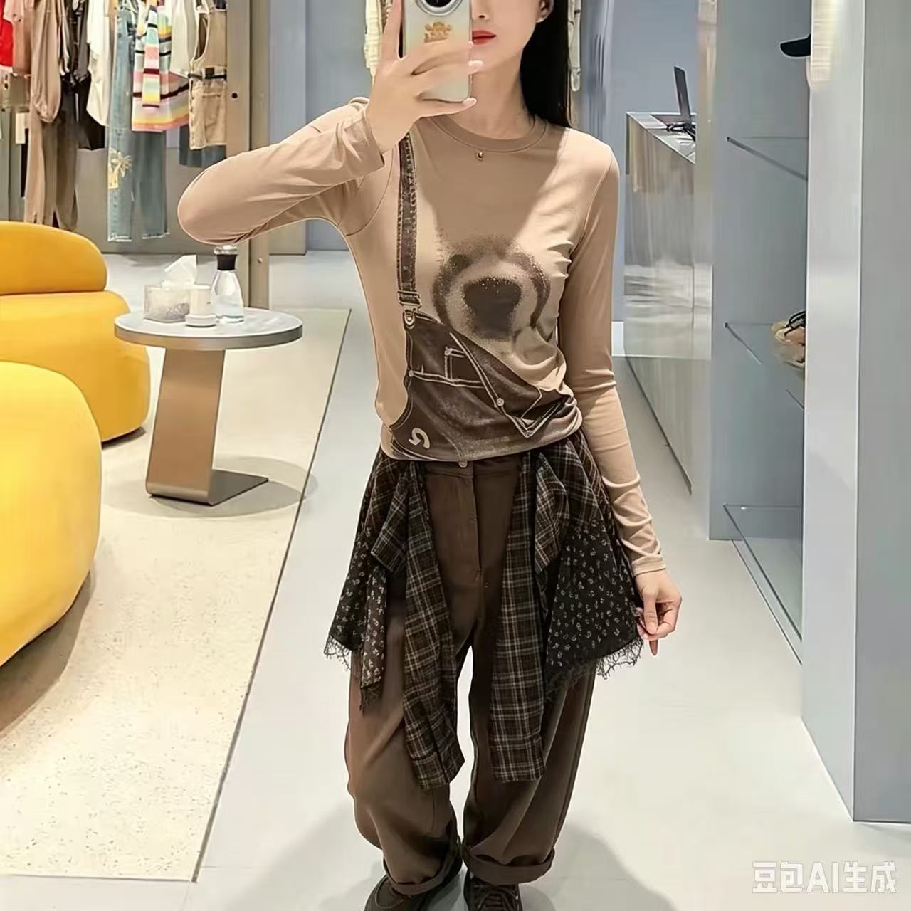 2026年穿搭小众印花百搭打底衫女装春季长袖t恤修身短款辣妹上衣