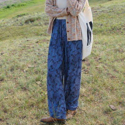 花吉K369鸢尾蓝系带松紧腰印花垂感薄款休闲裤女2026新款秋九分裤