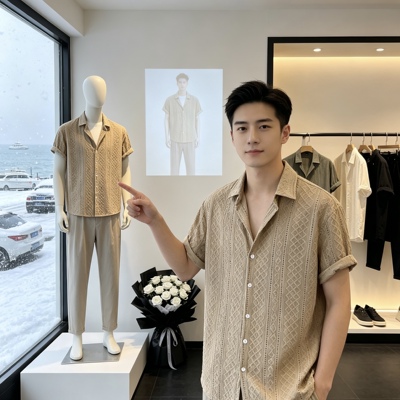 1054春夏新款翻领男士衬衫纯色休闲街头潮流度假纹理短袖上衣
