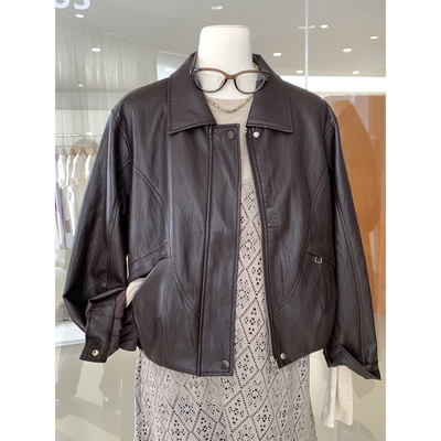 经典复古翻领PU皮衣外套女2026春