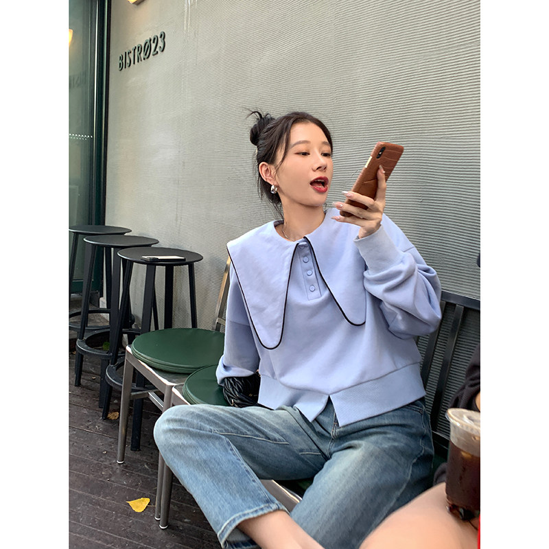 EKOOL定制兔耳朵大翻领套头卫衣女秋季新款韩版百搭显瘦短款上衣_虎窝淘